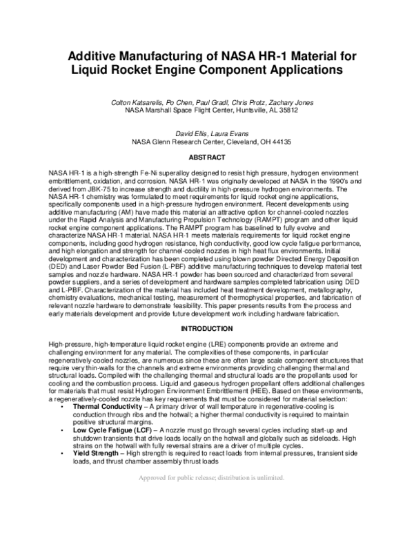 (PDF) Additive Manufacturing of NASA HR-1 Material for Liquid Rocket ...