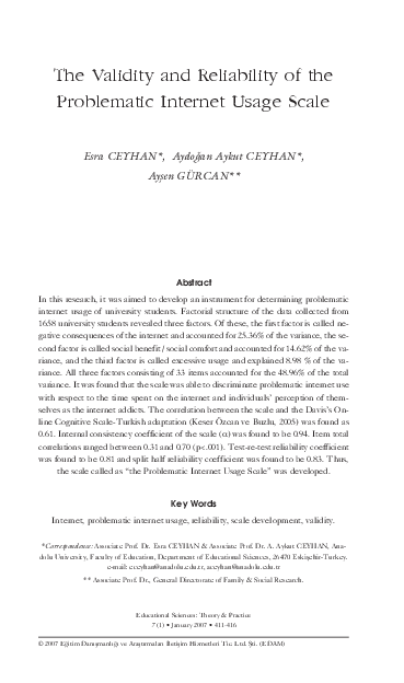 (PDF) The Validity and Reliability of the Problematic Internet Usage Scale
