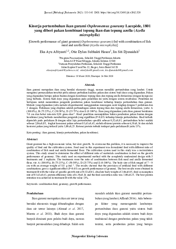 (PDF) Growth performance of giant gourami (Osphronemus gouramy) fed with combination of fish ...
