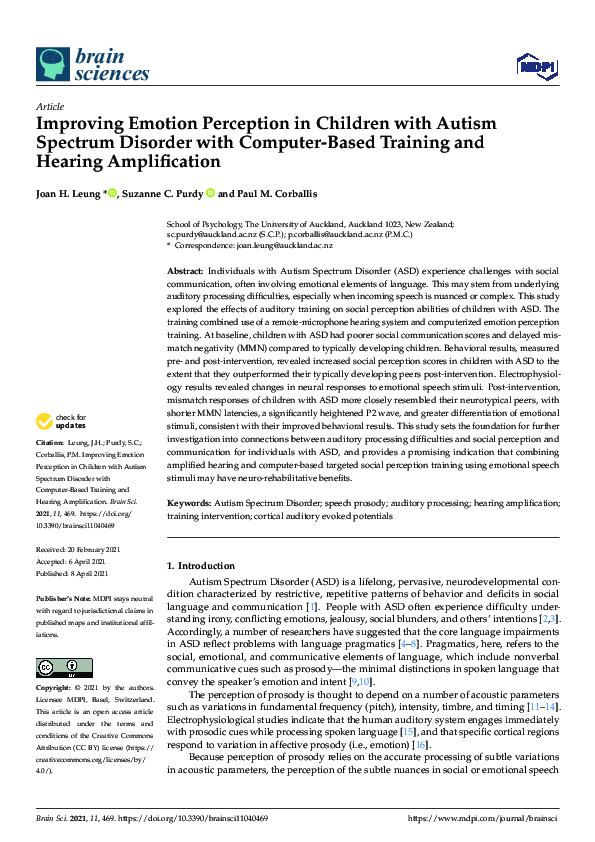 (PDF) Improving Emotion Perception in Children with Autism Spectrum ...