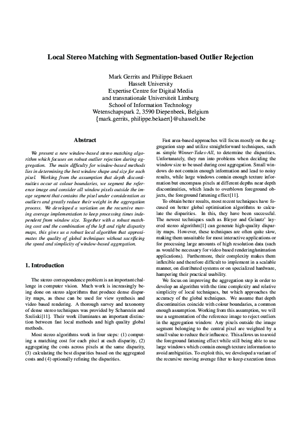 (PDF) Local Stereo Matching with Segmentation-based Outlier Rejection