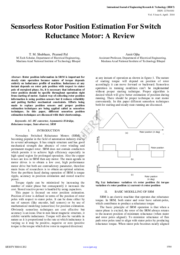Pdf Sensorless Rotor Position Estimation For Switch Reluctance Motor