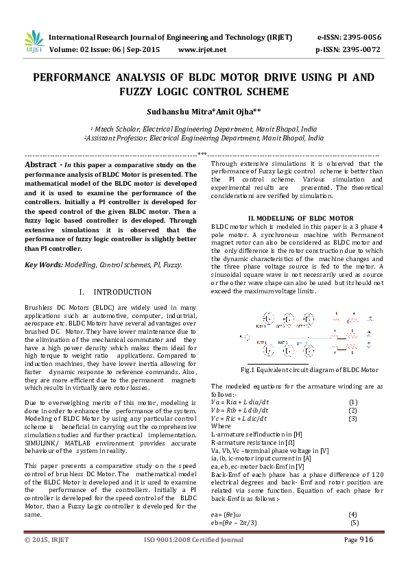 (PDF) Performance Analysis of BLDC Motor Drive Using Pi and Fuzzy Logic Control Scheme
