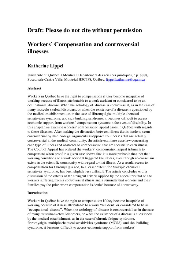 (DOC) Draft: Please do not cite without permission Workers' Compensation and controversial illnesses