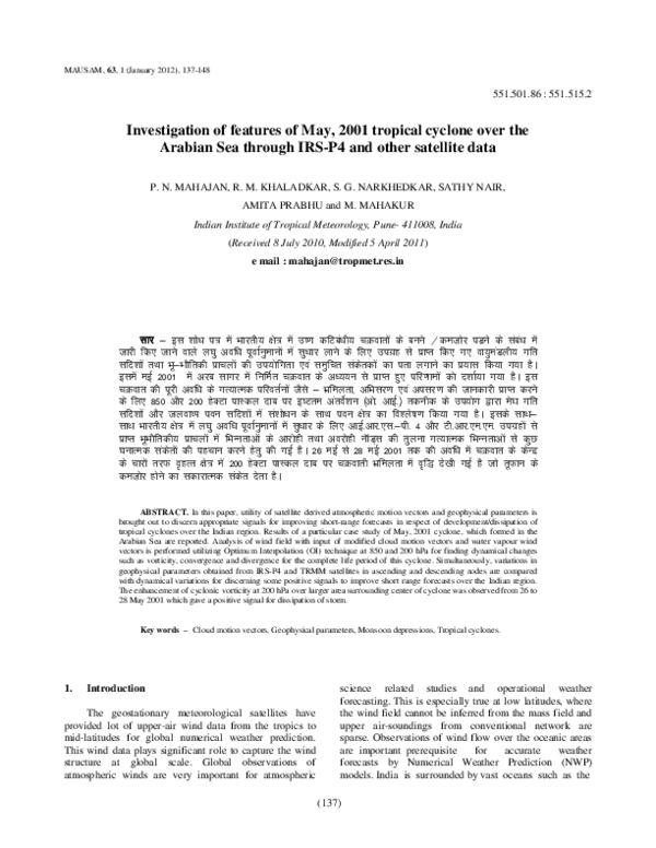 (PDF) Investigation of features of May, 2001 tropical cyclone over the ...