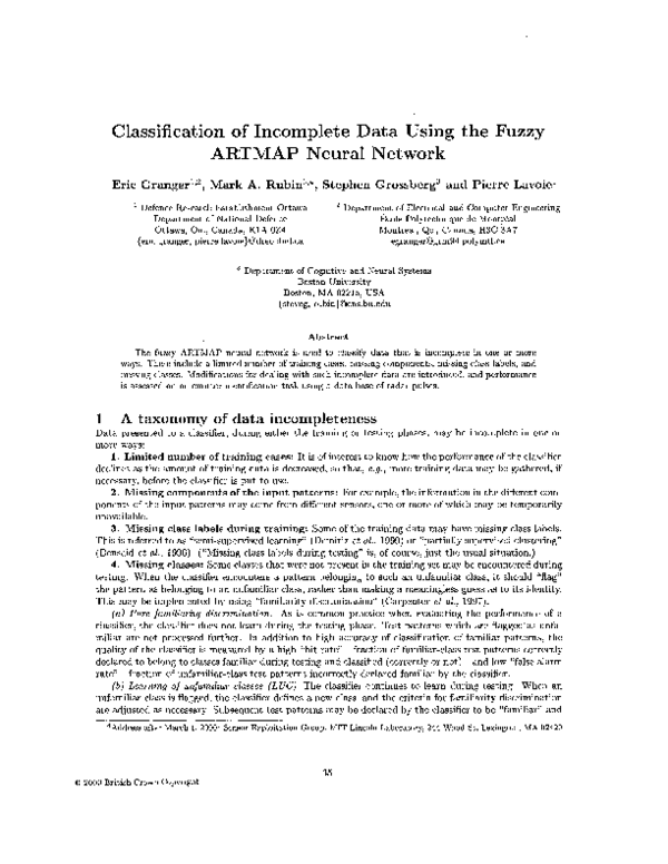 Pdf Classification Of Incomplete Data Using The Fuzzy Artmap Neural