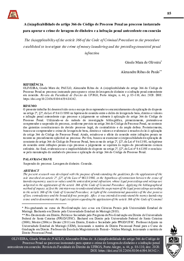 (PDF) A (in)aplicabilidade do artigo 366 do Código de Processo Penal ao processo instaurado para ...