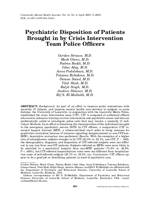 (PDF) Psychiatric Disposition of Patients Brought in by Crisis ...