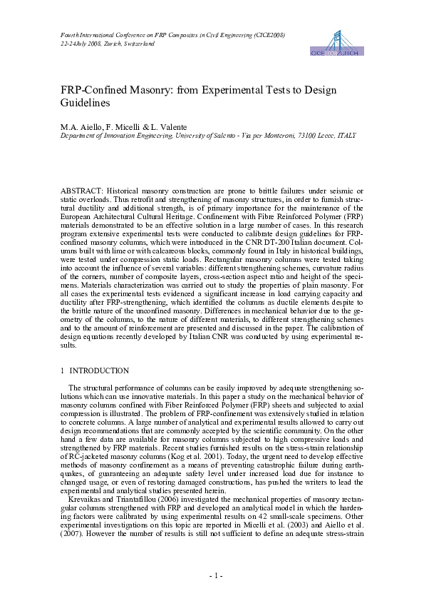 (PDF) FRP-Confined Masonry: from Experimental Tests to Design ...