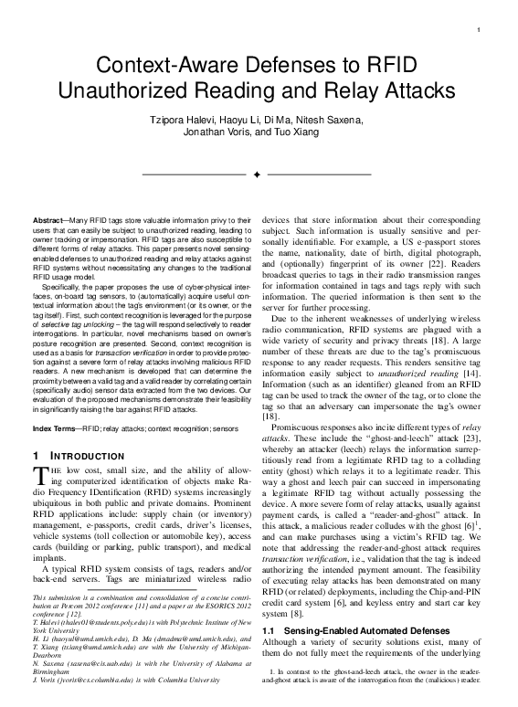 (PDF) Context-Aware Defenses to RFID Unauthorized Reading and Relay Attacks | Tzipora Halevi ...