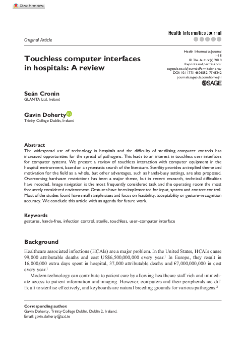 (PDF) Touchless computer interfaces in hospitals: A review