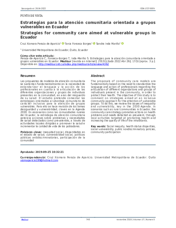 (PDF) Strategies for community care aimed at vulnerable groups in Ecuador