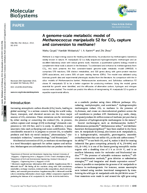 (PDF) A genome-scale metabolic model of Methanococcus maripaludis S2 ...
