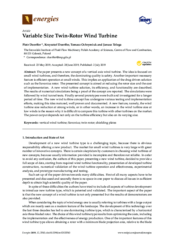 (PDF) Variable Size Twin-Rotor Wind Turbine