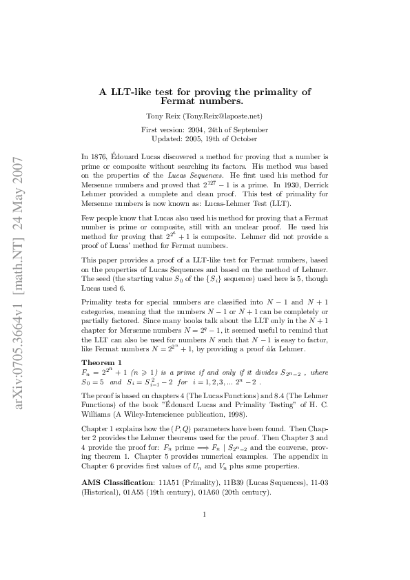 Pdf A Llt Like Test For Proving The Primality Of Fermat Numbers Tony Reix