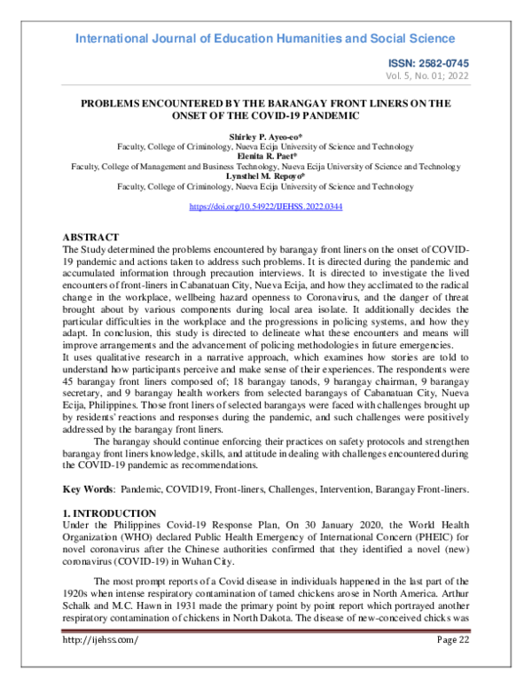 (PDF) Problems Encountered by the Barangay Front Liners on the Onset of ...