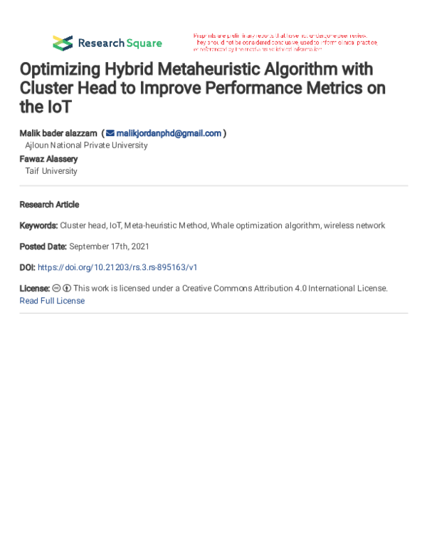 (PDF) Optimizing Hybrid Metaheuristic Algorithm with Cluster Head to Improve Performance Metrics ...