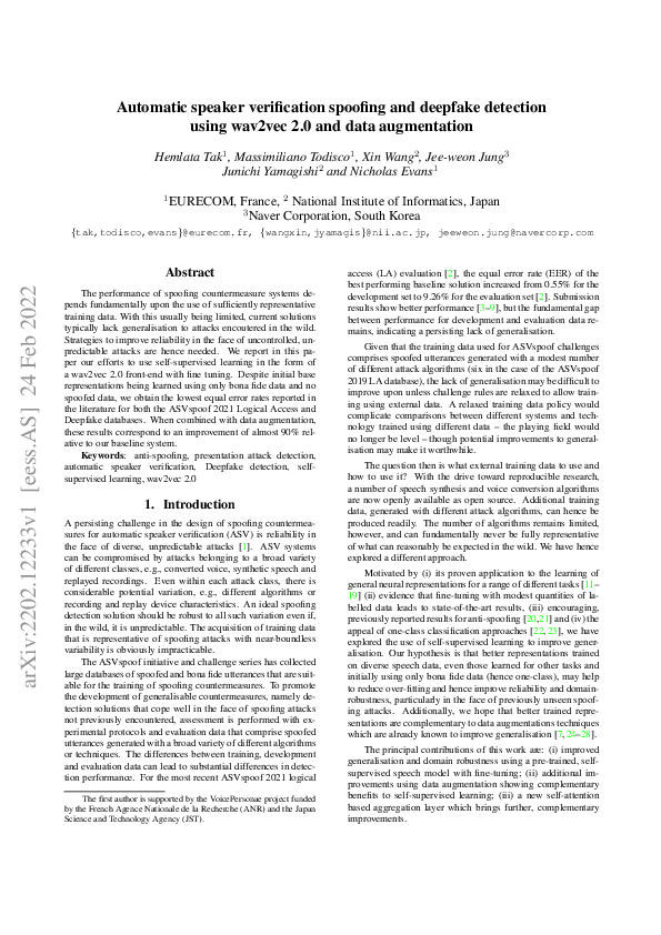 (PDF) Automatic speaker verification spoofing and deepfake detection using wav2vec 2.0 and data ...