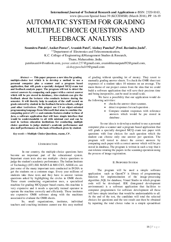 (PDF) Automatic System for Grading Multiple Choice Questions and ...