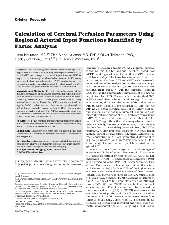 (PDF) Calculation of cerebral perfusion parameters using regional arterial input functions ...