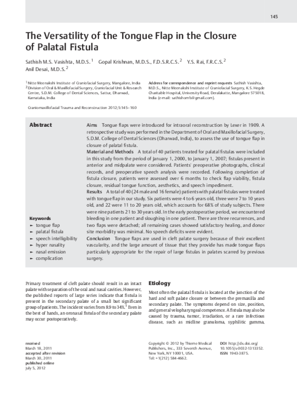 (PDF) The Versatility of the Tongue Flap in the Closure of Palatal Fistula