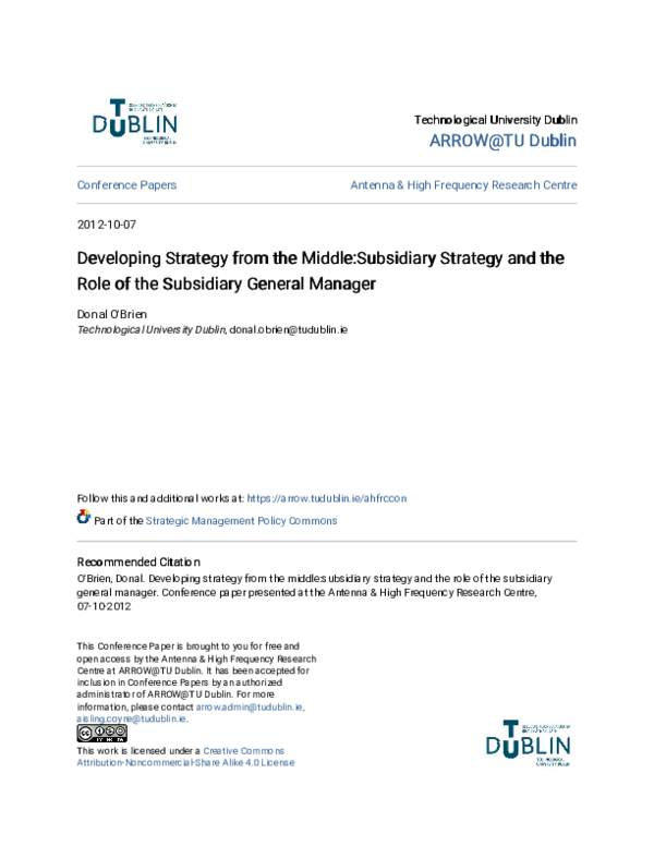 (PDF) Developing Strategy from the Middle:Subsidiary Strategy and the ...