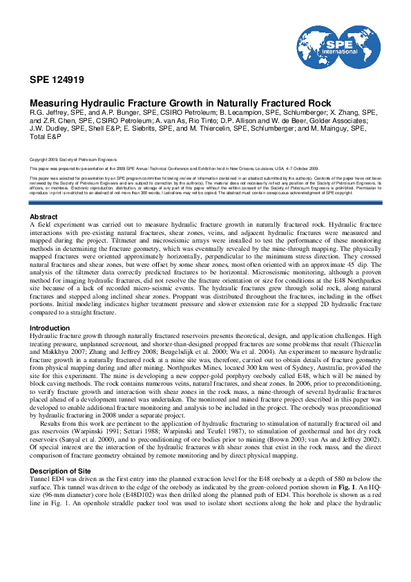 Pdf Measuring Hydraulic Fracture Growth In Naturally Fractured Rock
