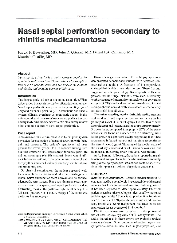 (PDF) Nasal Septal Perforation Secondary to Rhinitis Medicamentosa