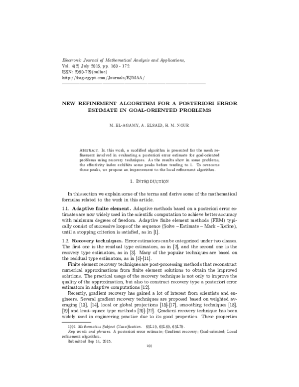 Pdf New Refinement Algorithm For A Posteriori Error Estimate In Goal Oriented Problems Ahmed
