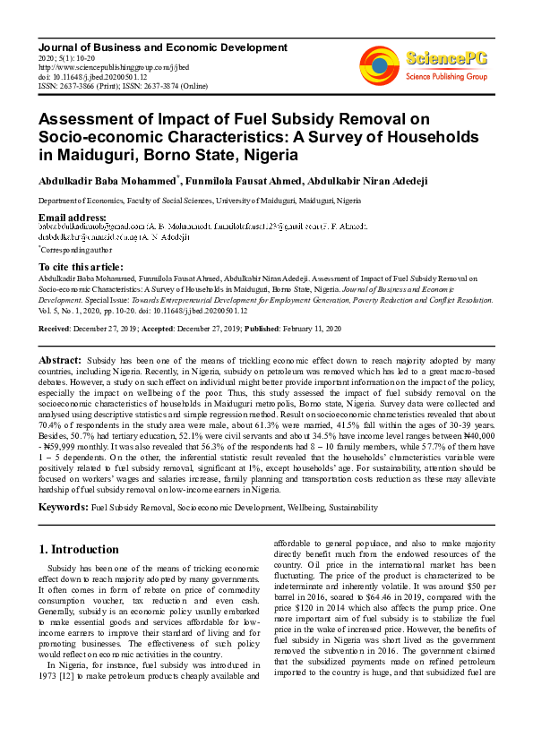 (PDF) Assessment of Impact of Fuel Subsidy Removal on Socio-economic Characteristics: A Survey ...