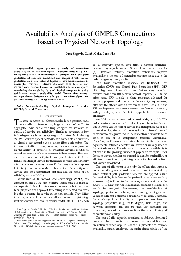 (PDF) Availability analysis of GMPLS connections based on physical ...