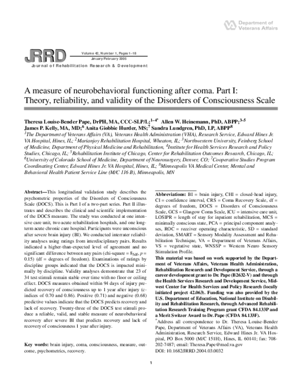 (PDF) A measure of neurobehavioral functioning after coma. Part I ...