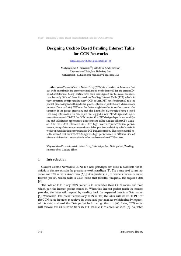 (PDF) Designing Cuckoo Based Pending Interest Table for CCN Networks