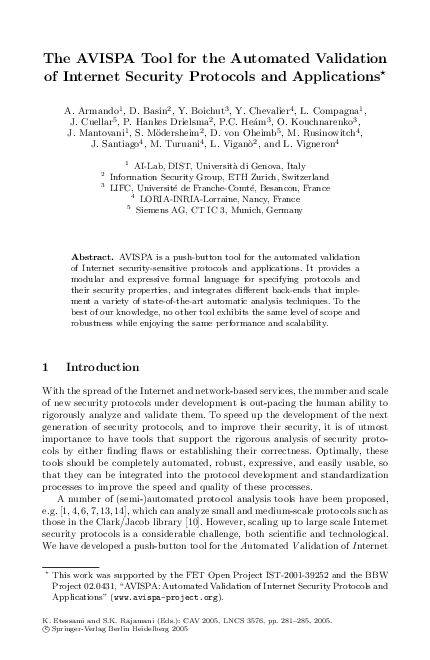 Pdf The Avispa Tool For The Automated Validation Of Internet Security