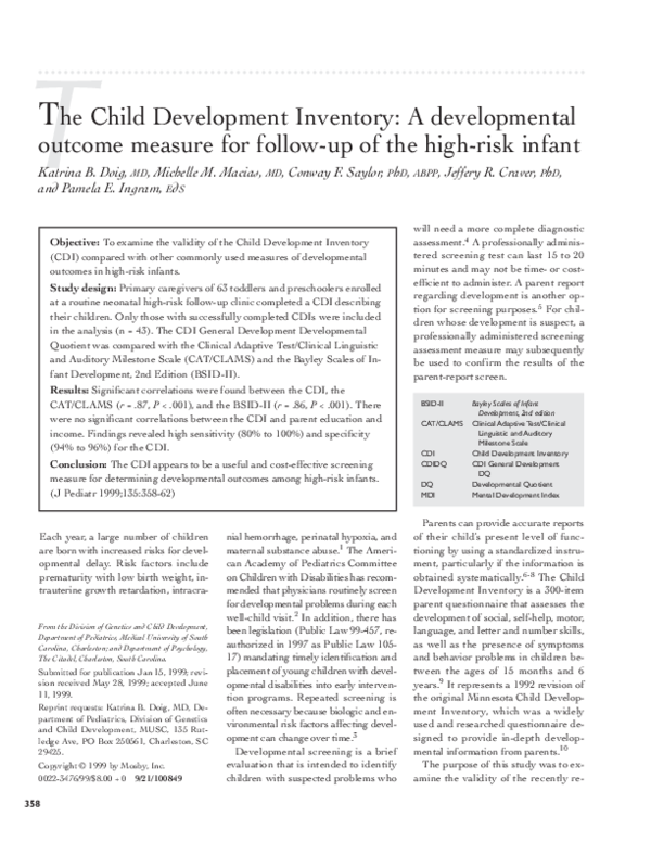 (PDF) The Child Development Inventory: A developmental outcome measure ...