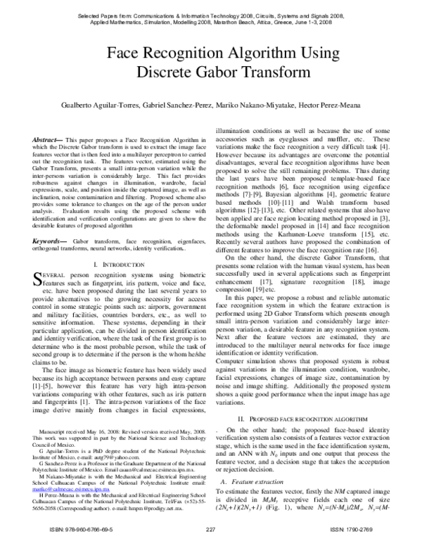 (PDF) Face Recognition Algorithm Using the Discrete Gabor Transform