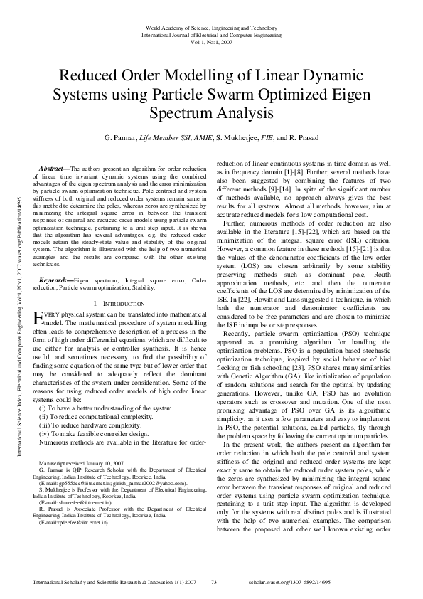 (PDF) Reduced Order Modelling Of Linear Dynamic Systems Using Particle Swarm Optimized Eigen ...