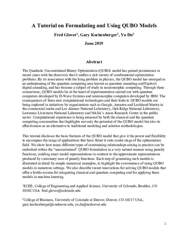 (PDF) A Tutorial on Formulating and Using QUBO Models