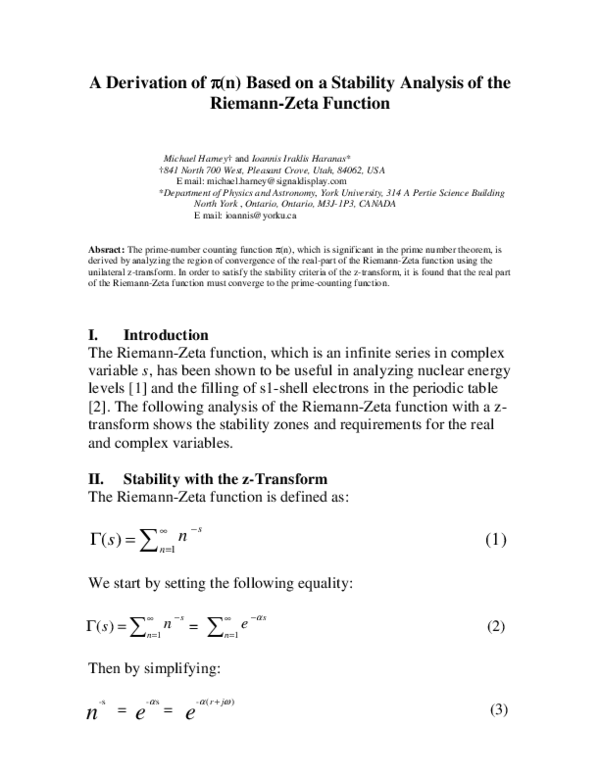 (PDF) A Derivation of $pi(n)$ Based on a Stability Analysis of the Riemann-Zeta Function