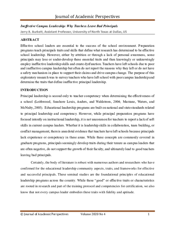 (PDF) Ineffective Campus Leadership: Why Teachers Leave Bad Principals