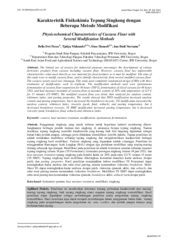 (PDF) Karakteristik Fisikokimia Tepung Singkong dengan Beberapa Metode Modifikasi