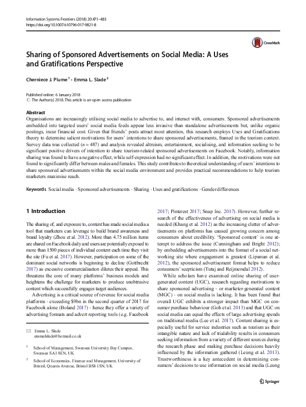 Pdf Sharing Of Sponsored Advertisements On Social Media A Uses And Gratifications Perspective
