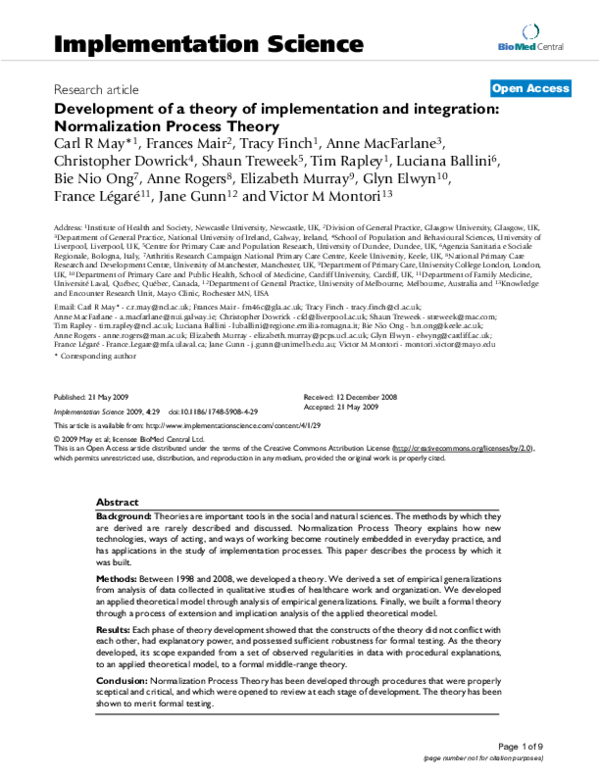 (PDF) Development of a theory of implementation and integration: Normalization Process Theory