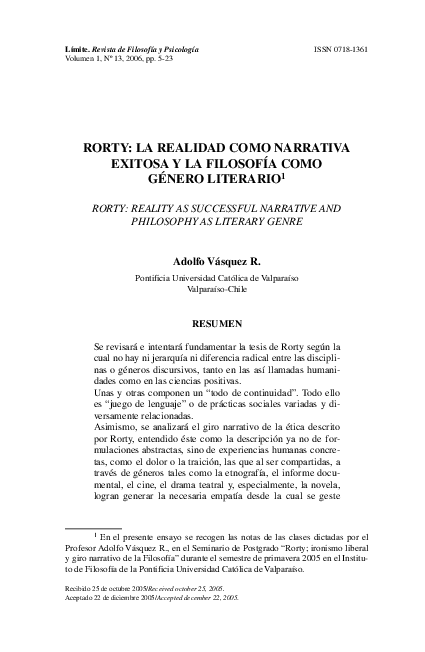 (PDF) Rorty: la realidad como narrativa exitosa y la filosofía como ...