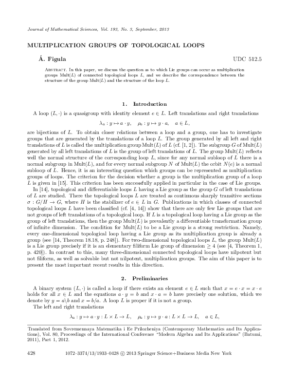(PDF) Multiplication groups of topological loops