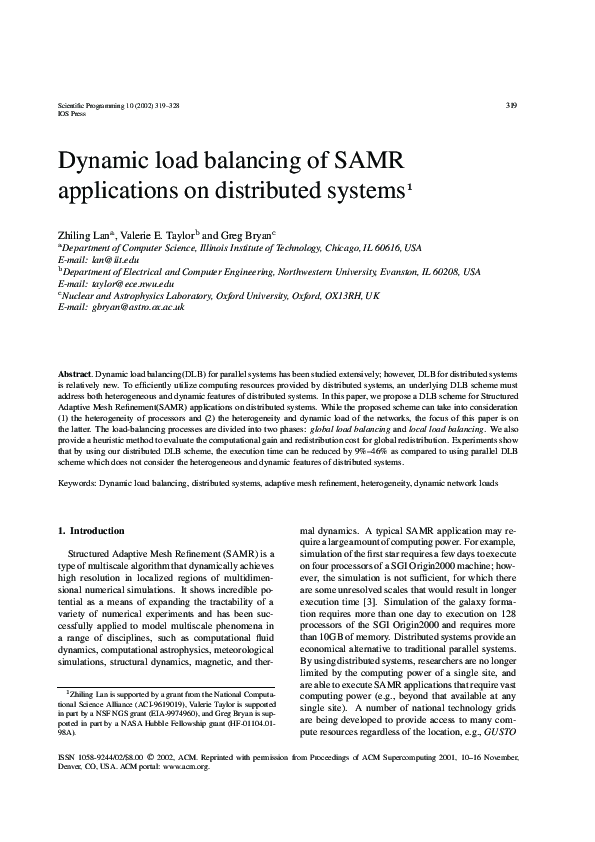 (PDF) Dynamic Load Balancing of Samr Applications on Distributed Systems