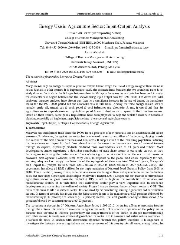 (PDF) Energy Use in Agriculture Sector: Input-Output Analysis