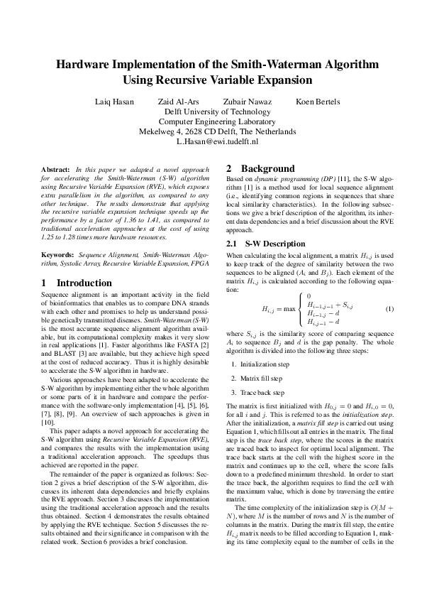 (PDF) Hardware implementation of the Smith-Waterman Algorithm using Recursive Variable Expansion