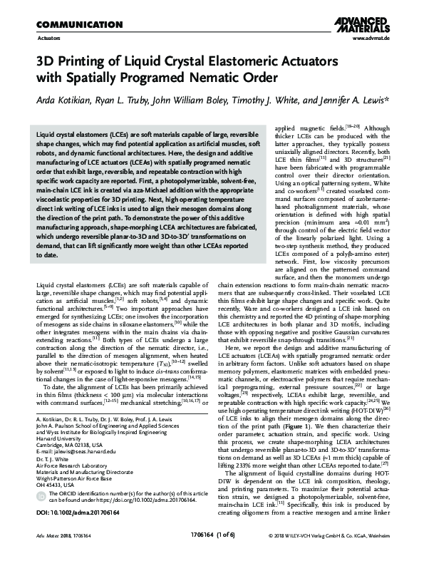 (PDF) 3D Printing of Liquid Crystal Elastomeric Actuators with Spatially Programed Nematic Order