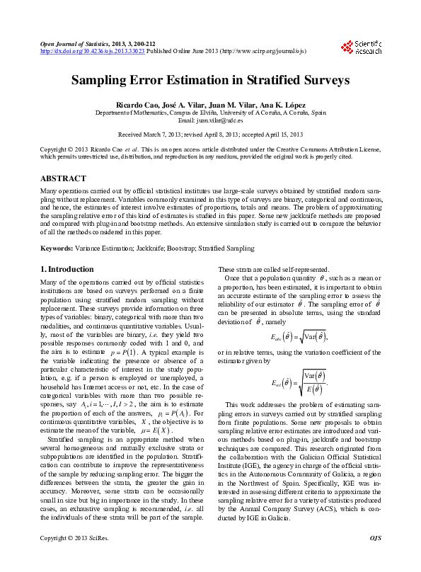 Sampling Error Estimation In Stratified Surveys